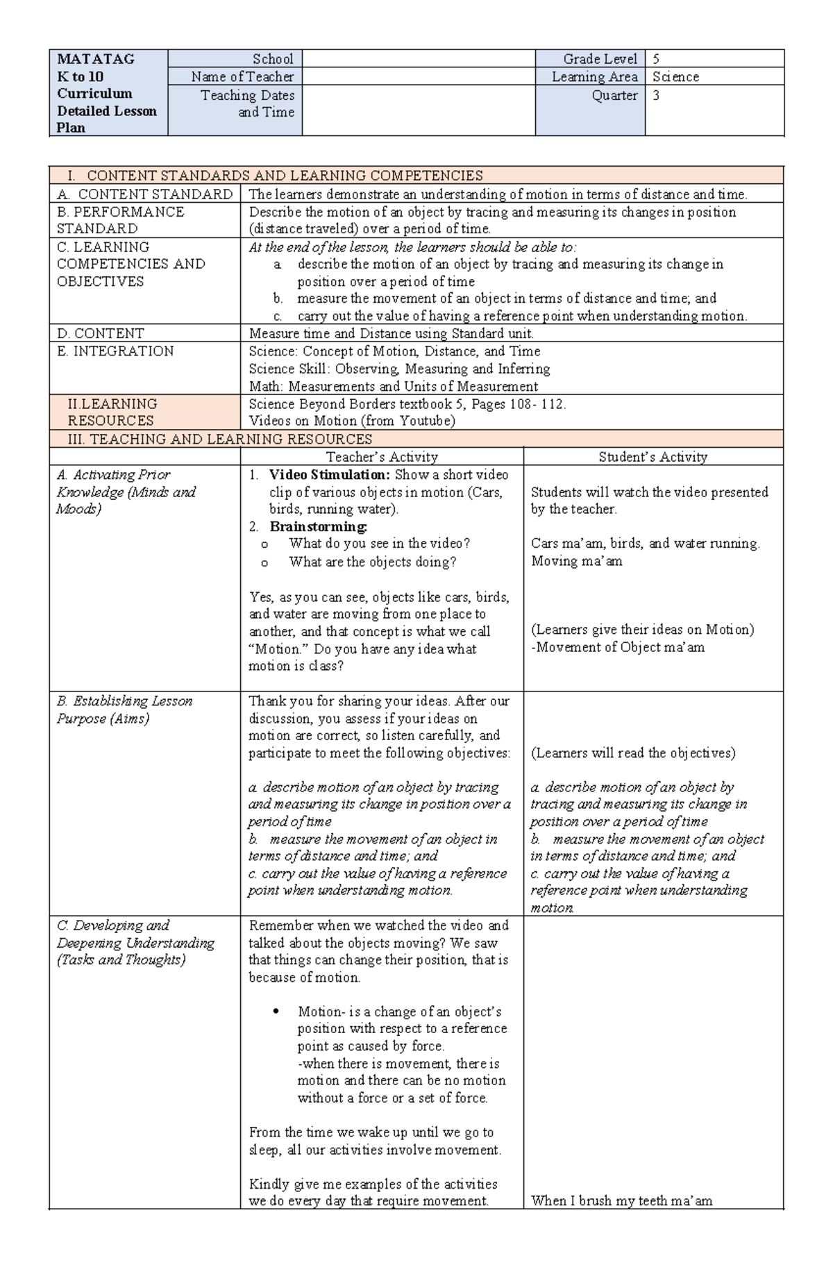 Science 5: Detailed Lesson Plan on Motion for Quarter 3 - Studocu