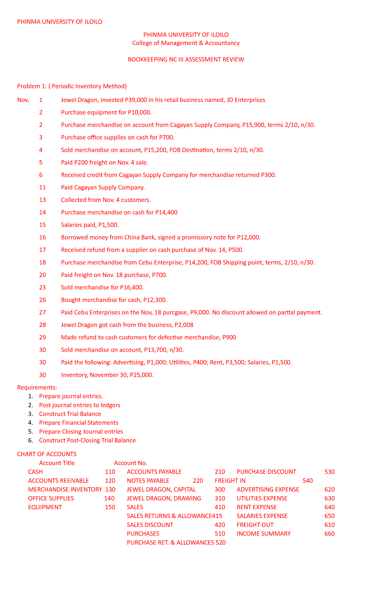 NC III Bookkeeping Assessment Review: Periodic Inventory Problem - Studocu