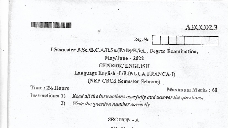 BCA NEP - SEP QP & DS Prescribed Textbook - AECC02 Reg. No. I Semester ...