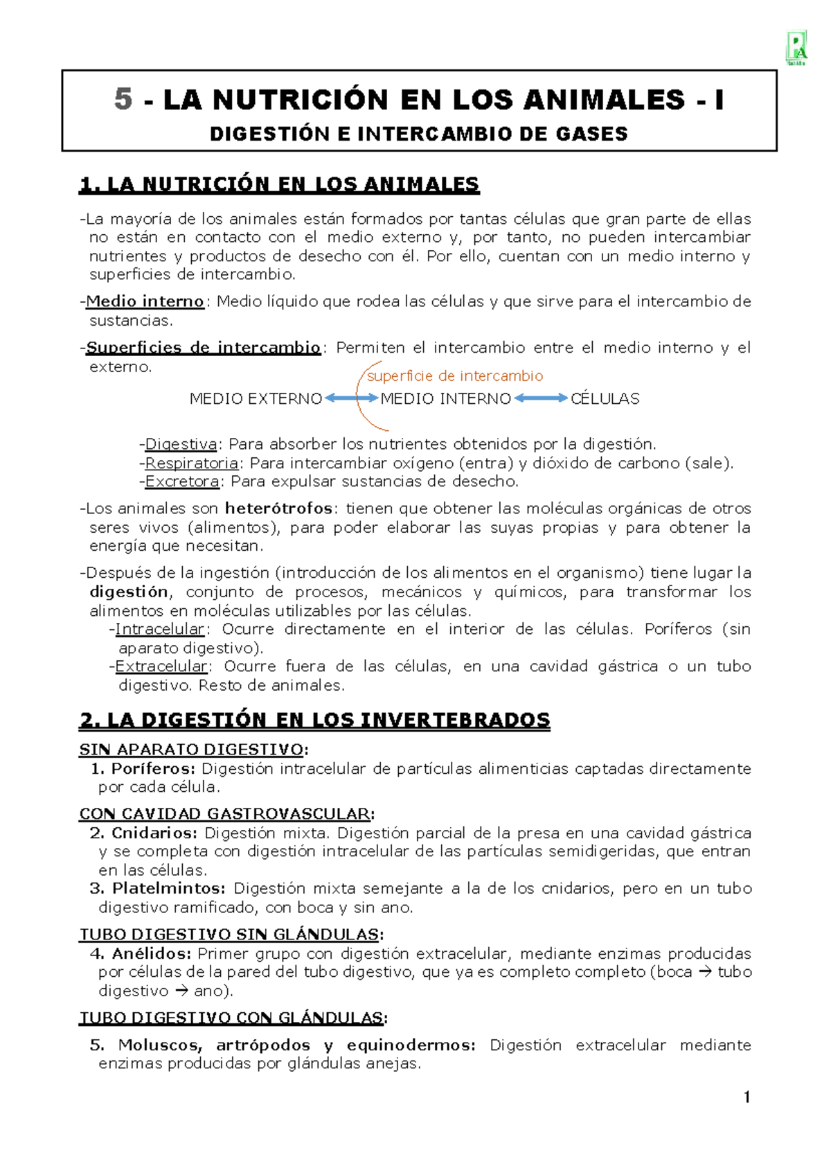 05.1 - La Nutrición y Digestión en Animales: Intercambio de Gases - Studocu