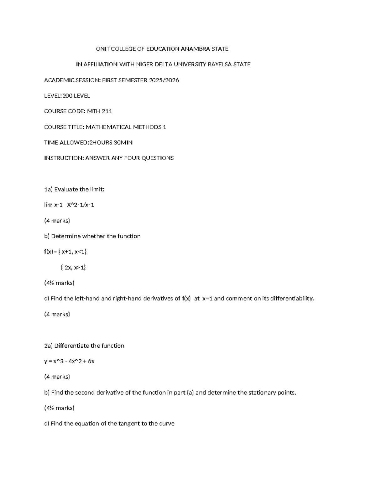 MTH 211: Mathematical Methods 1 - 200 Level Exam Questions - Studeersnel