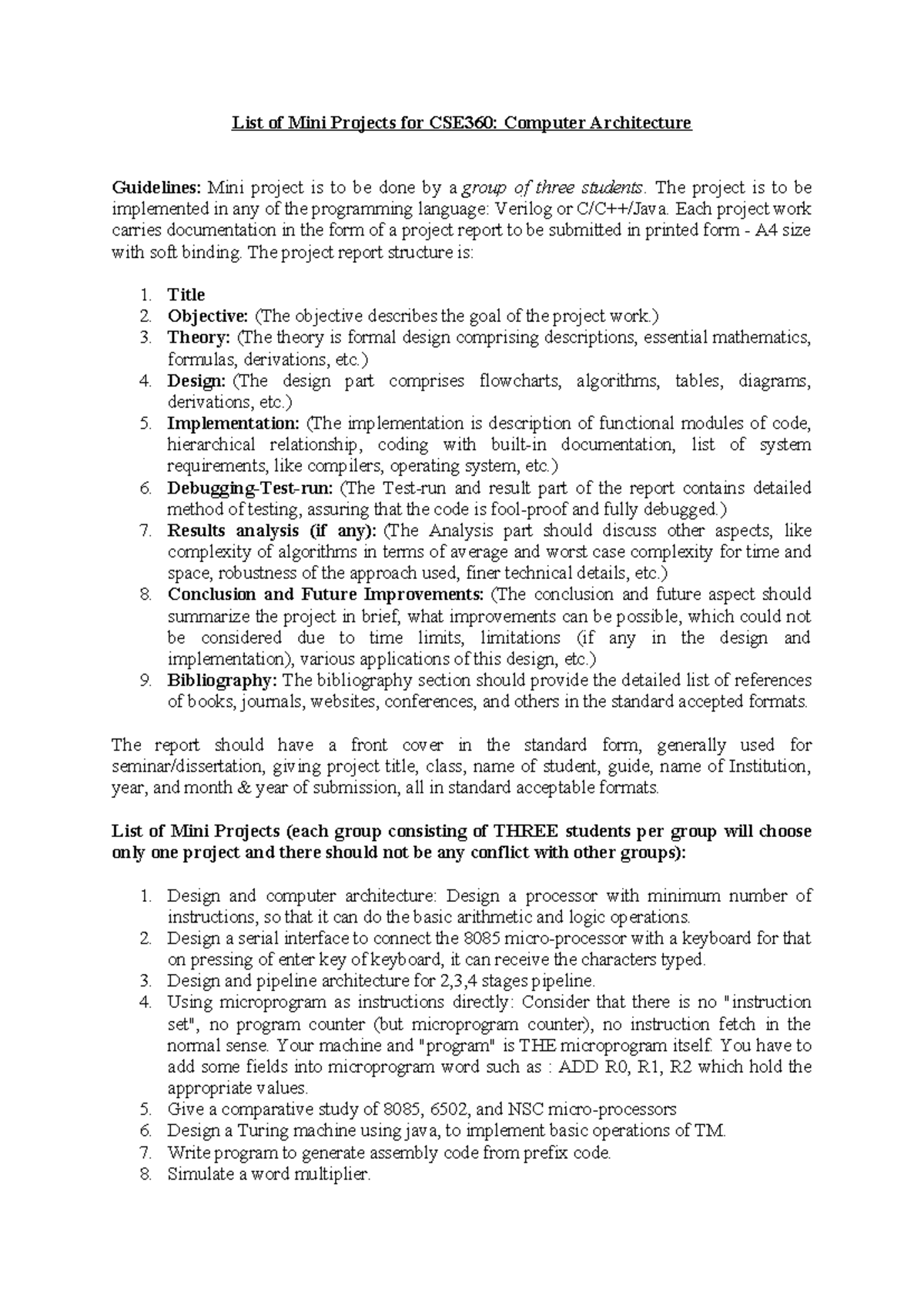 CSE360: Mini Projects List for Computer Architecture Class - Studocu