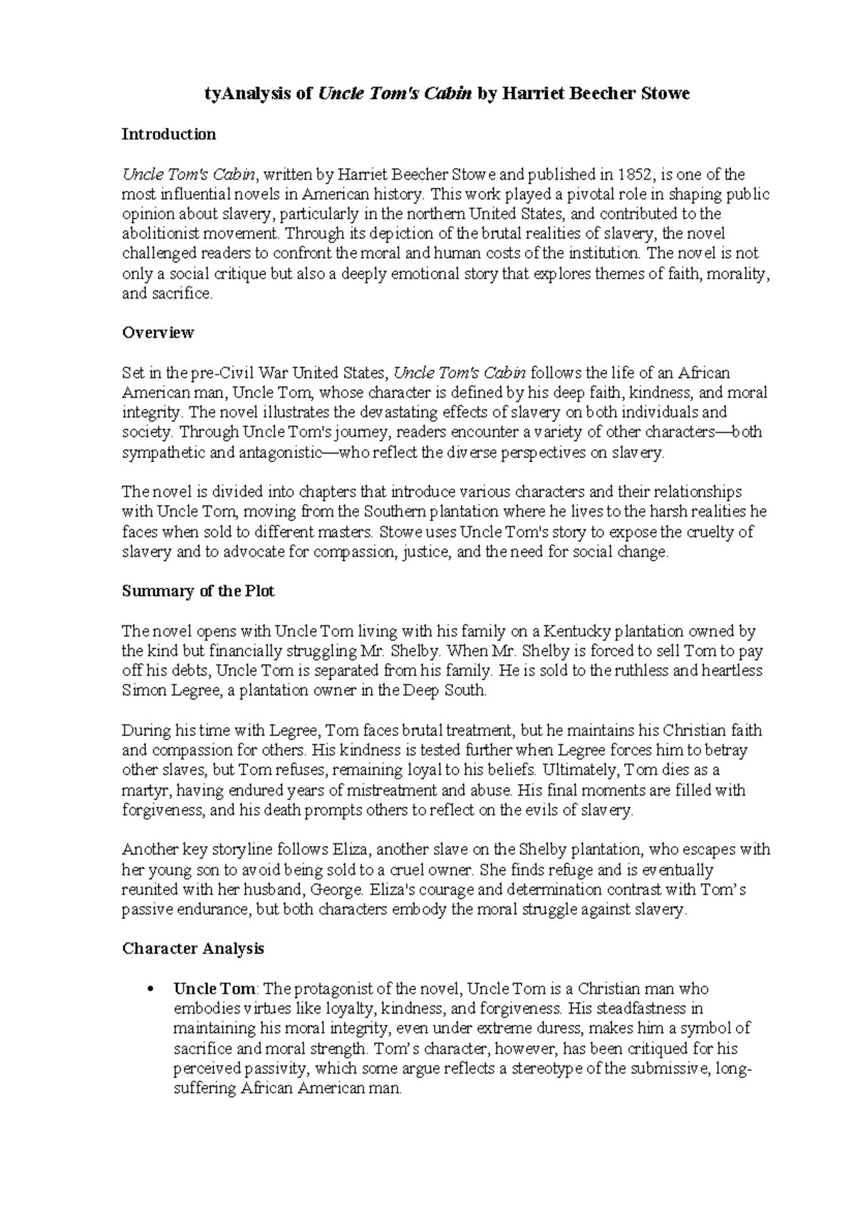 Analysis of Uncle Tom's Cabin - English 101 Essay Notes - Studocu
