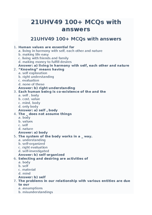 250 question bank UHV - Universal Human Values MCQ Question with Answer ...