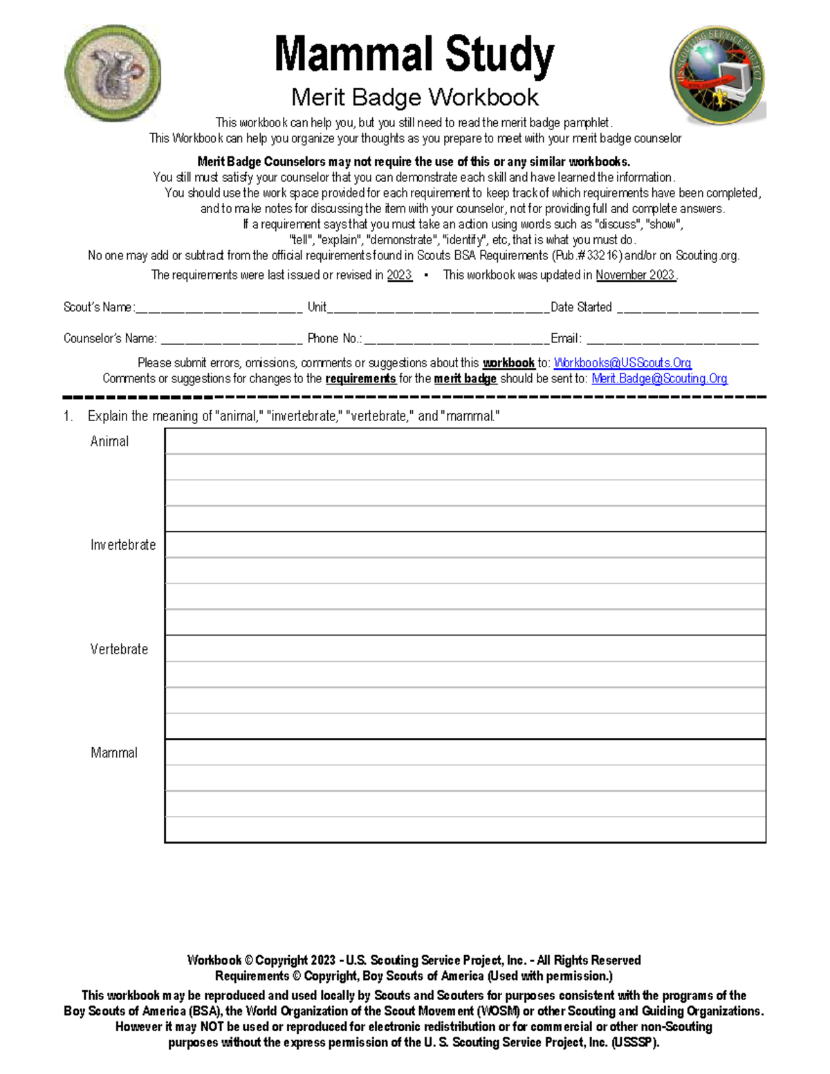 Mammal Study Merit Badge Workbook (Updated Nov 2023) - Studocu