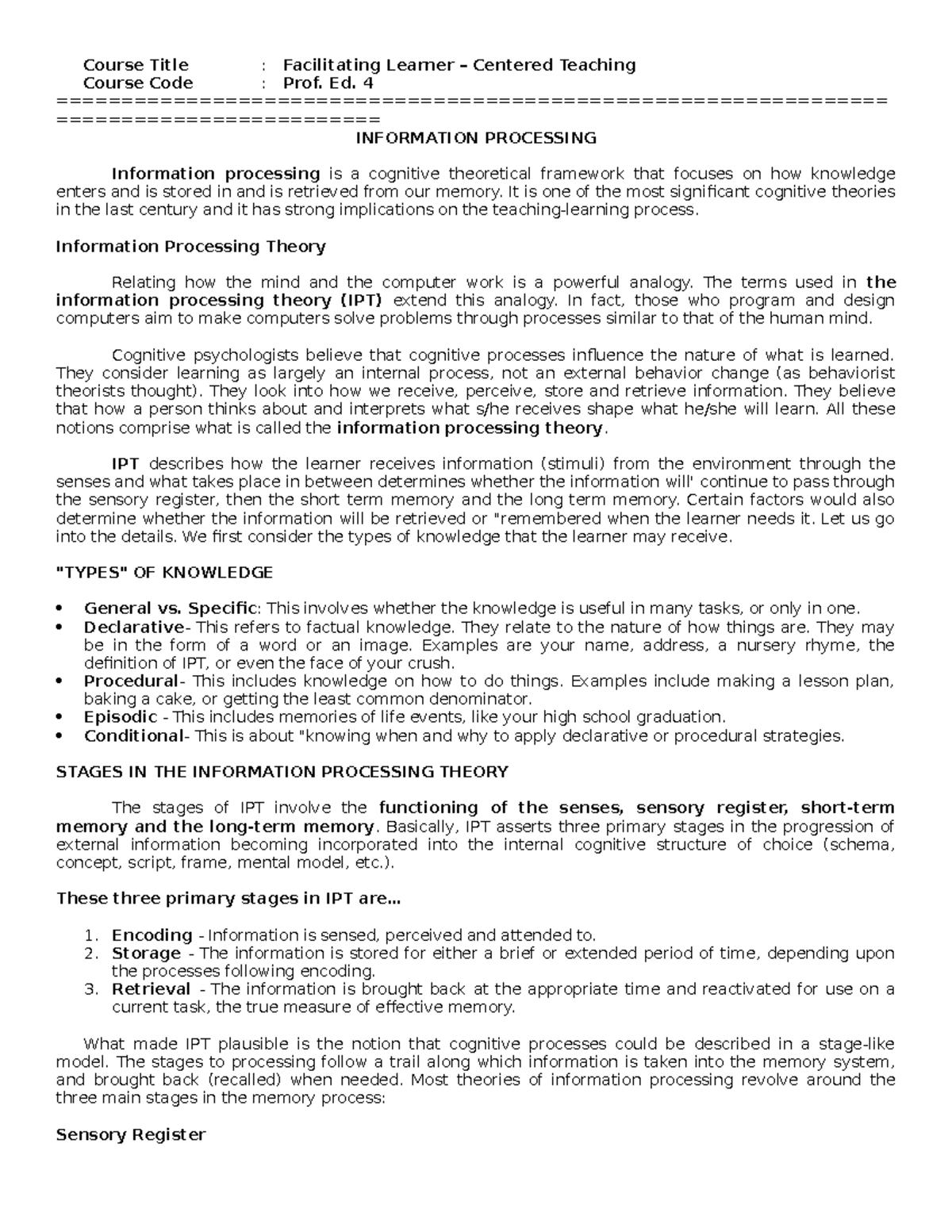 Facilitating Learner-Centered Teaching: Information Processing (Prof ...