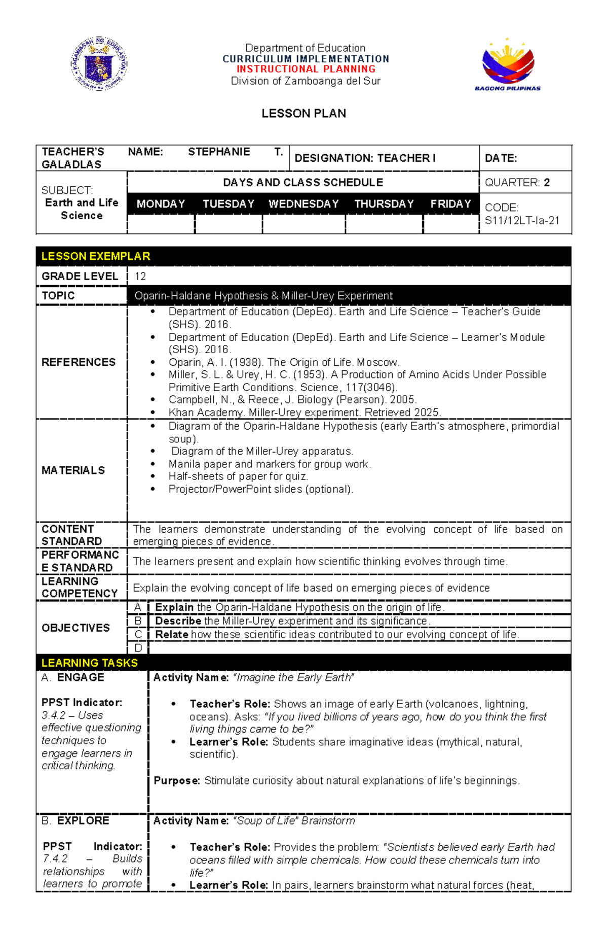 EDUC 12: Lesson Plan on Hypothesis Experiment in Earth and Life Science ...
