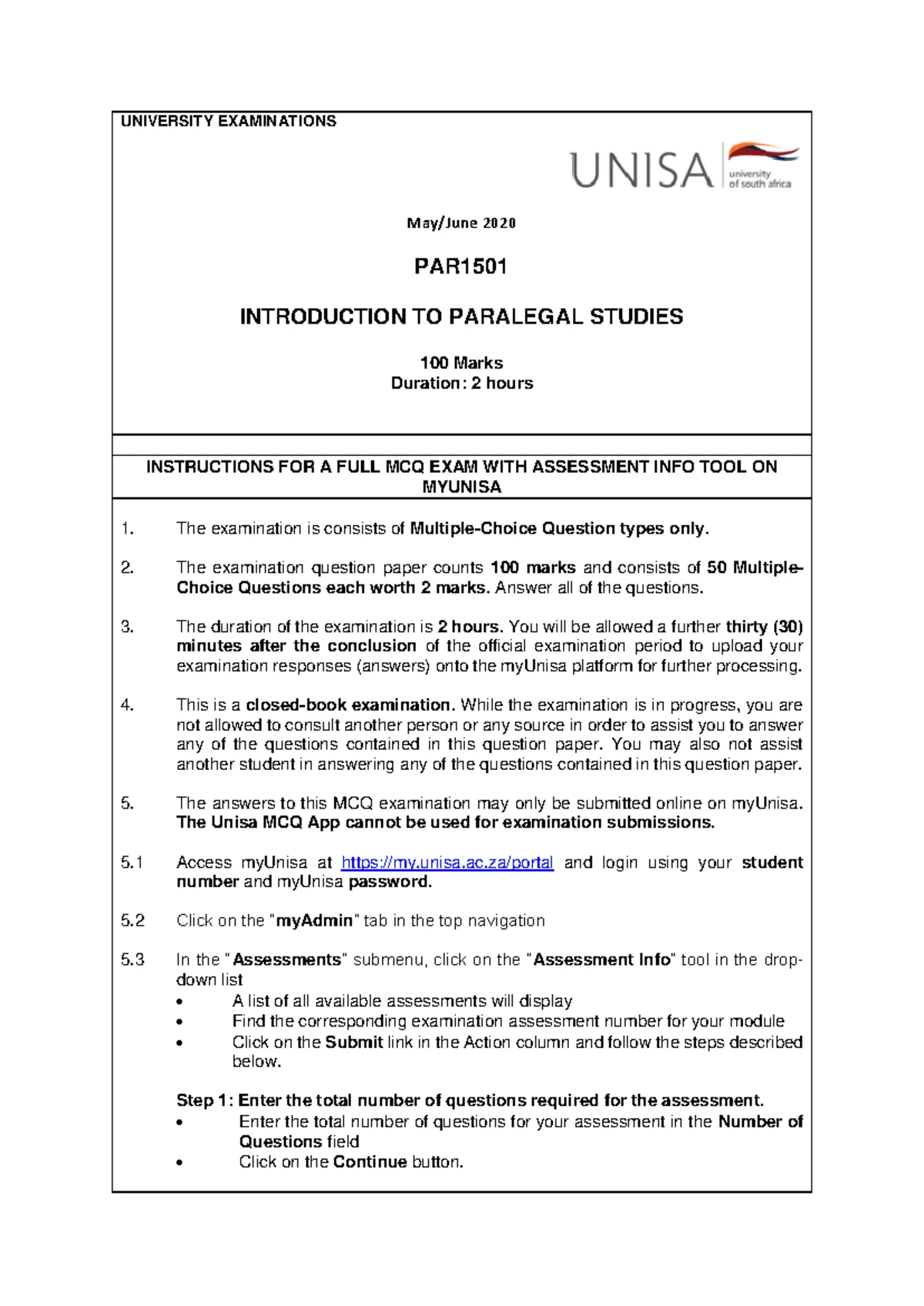 EXAM PREPARATION QUESTIONS - PAR1501 - Studocu