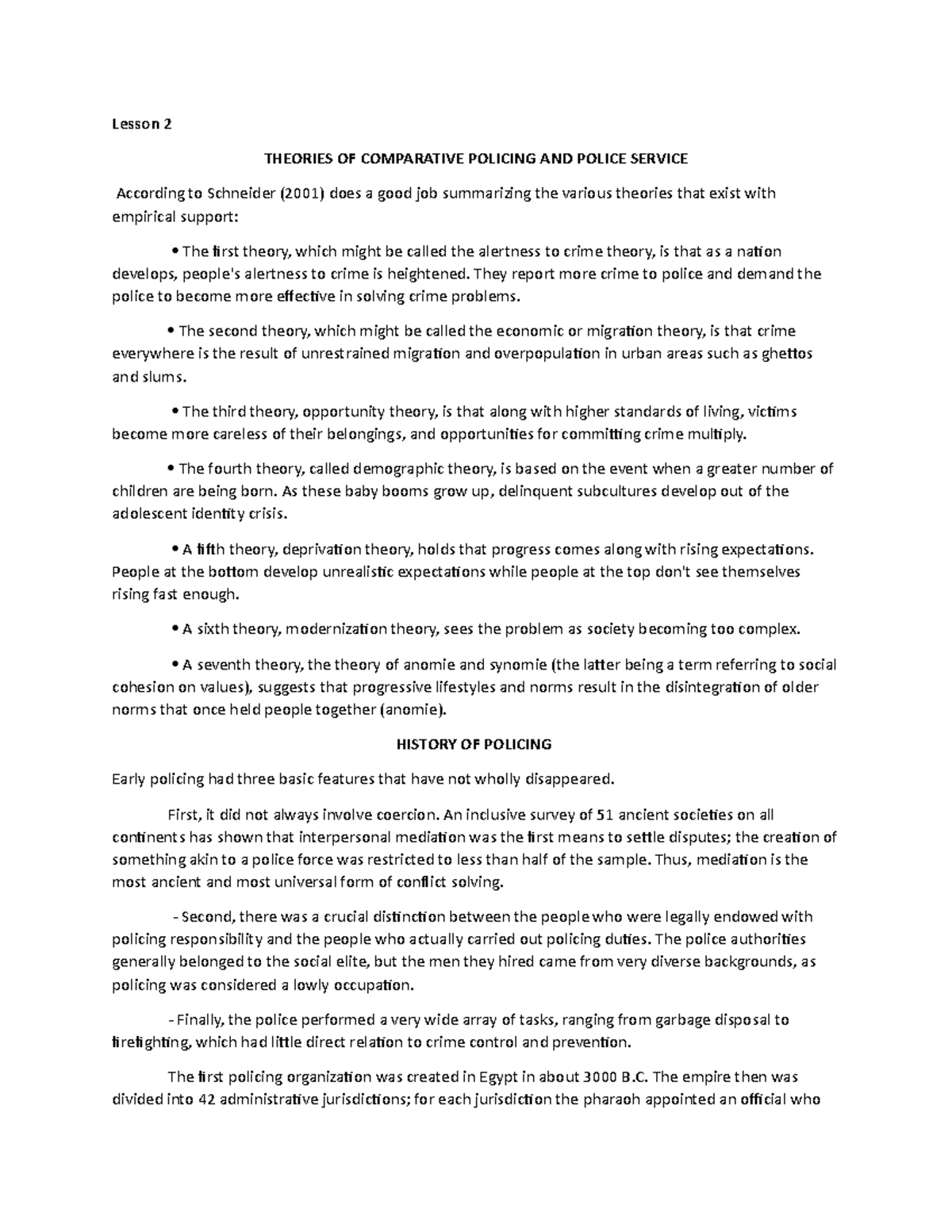 Lesson 2: Theories of Comparative Policing & Police Services Analysis - Studocu