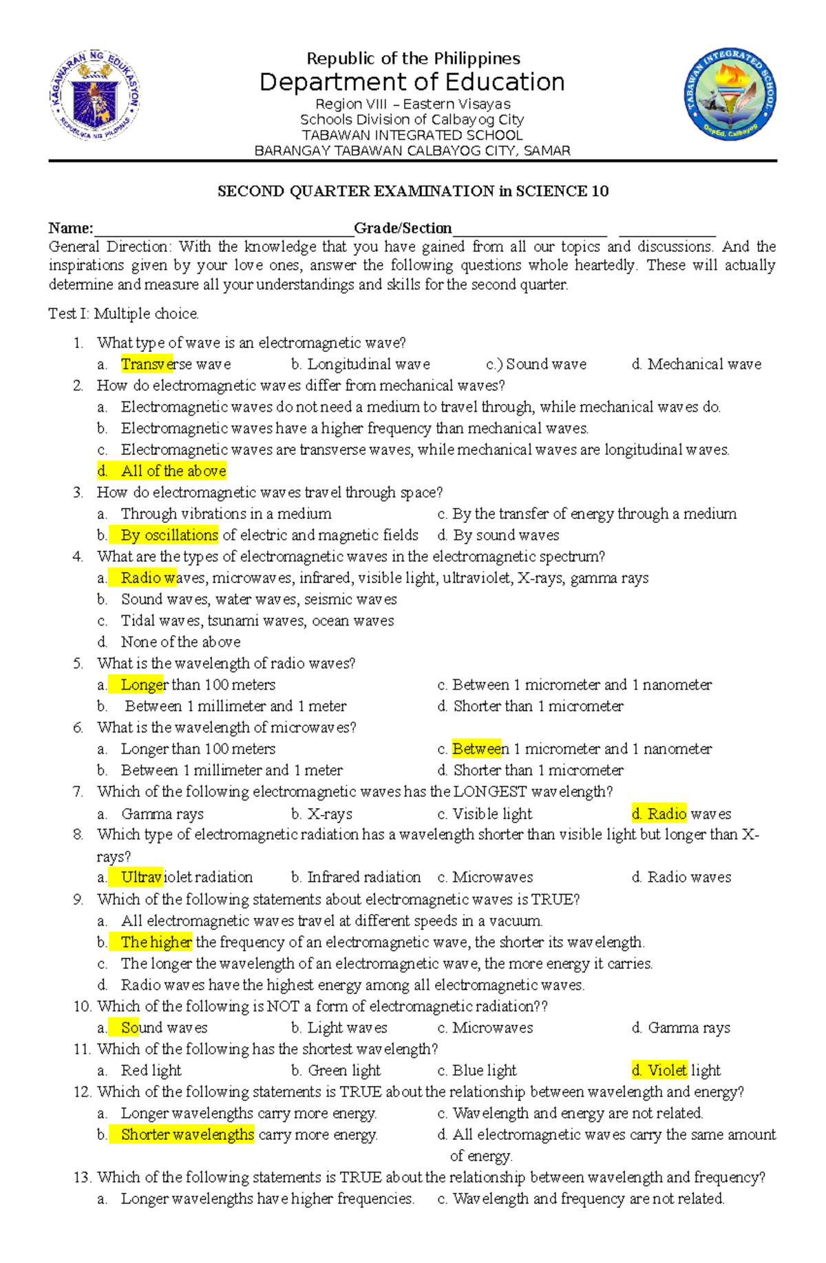2nd Quarter Science 10 Exam: Understanding Electromagnetic Waves - Studocu