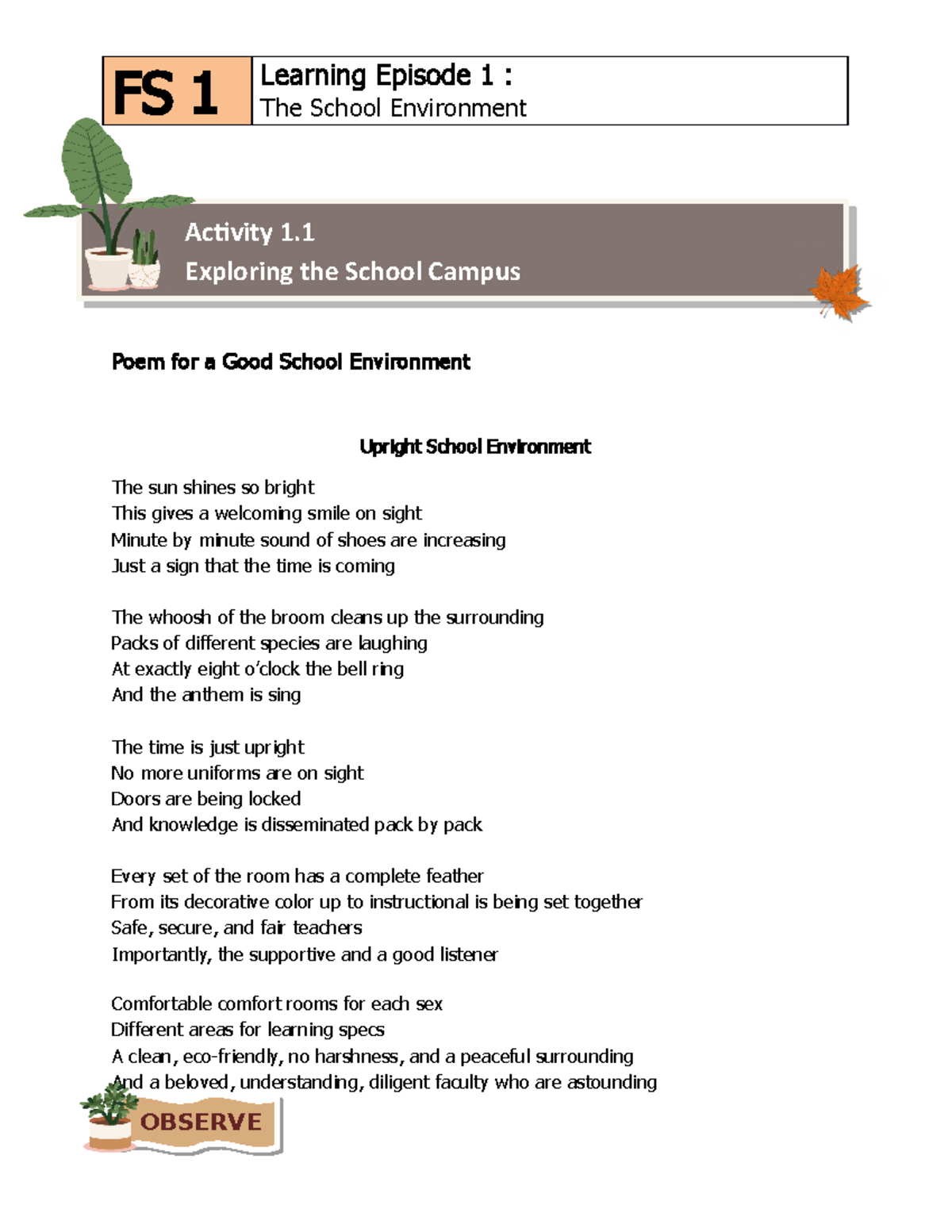 Field Study 1: The School Curriculum - FS 1 Learning Episode 1 : The ...