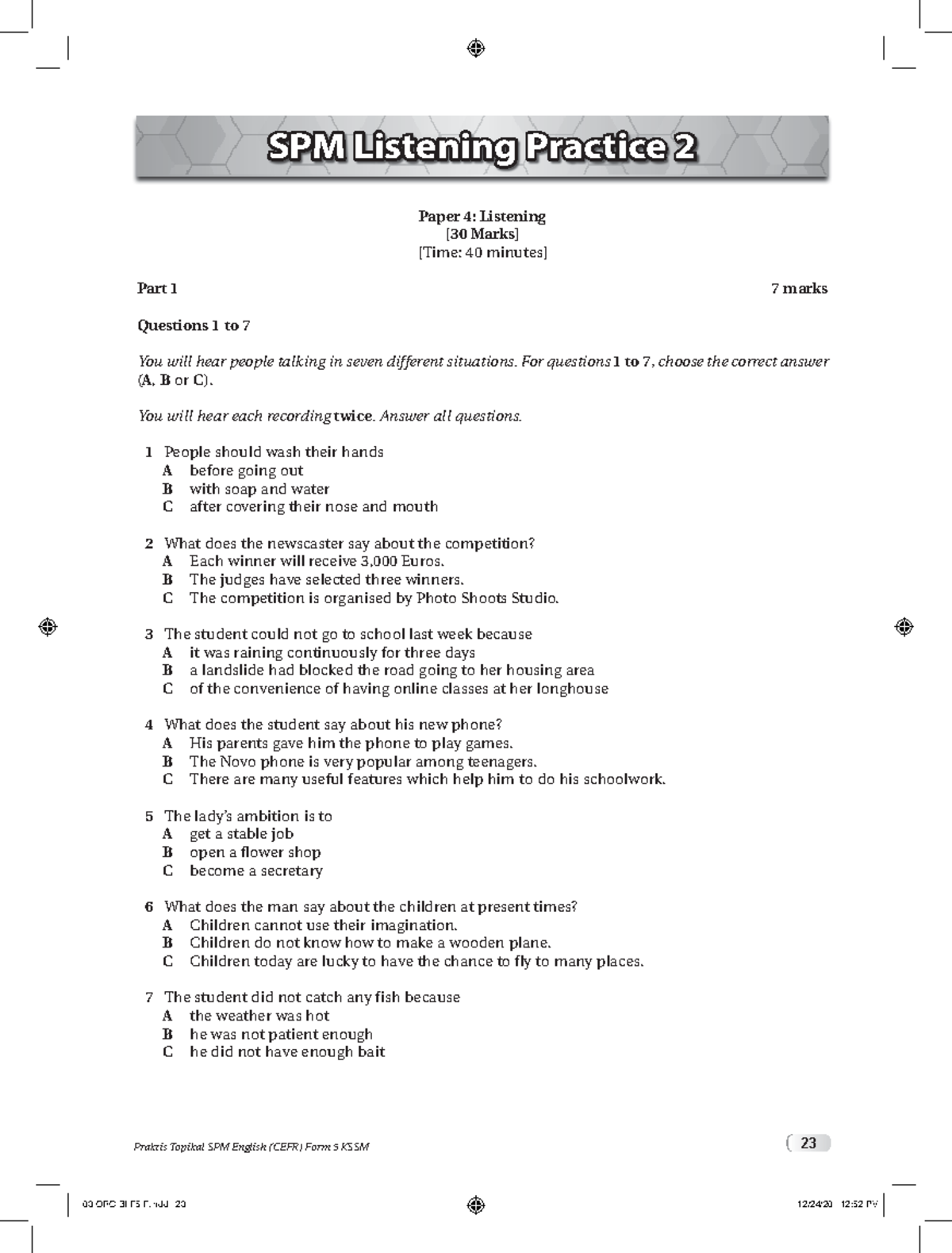 SPM English Listening Practice 2: CEFR Form 5 KSSM Questions - Studocu
