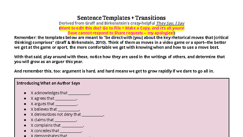 They Say, I Say Sentence Templates for Argumentation Techniques - Studocu