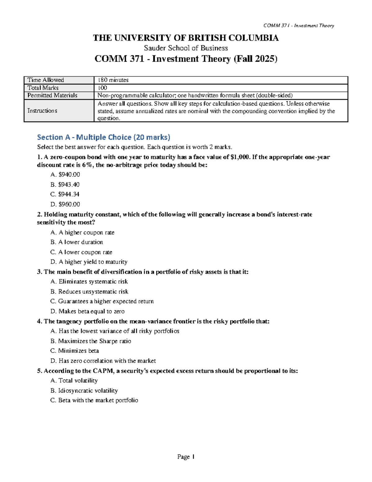 COMM 371 Investment Theory Practice Exam (Fall 2025) - Studocu