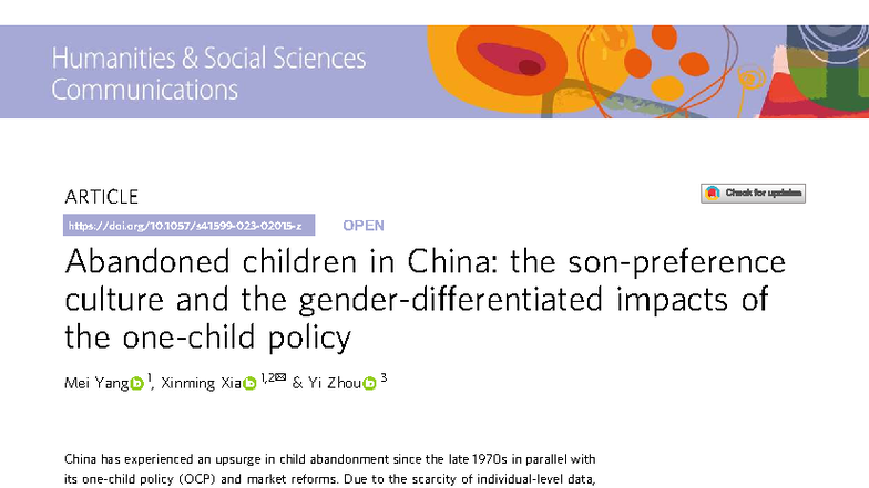 OCP Impact on Child Abandonment in China: Cultural Influences and ...
