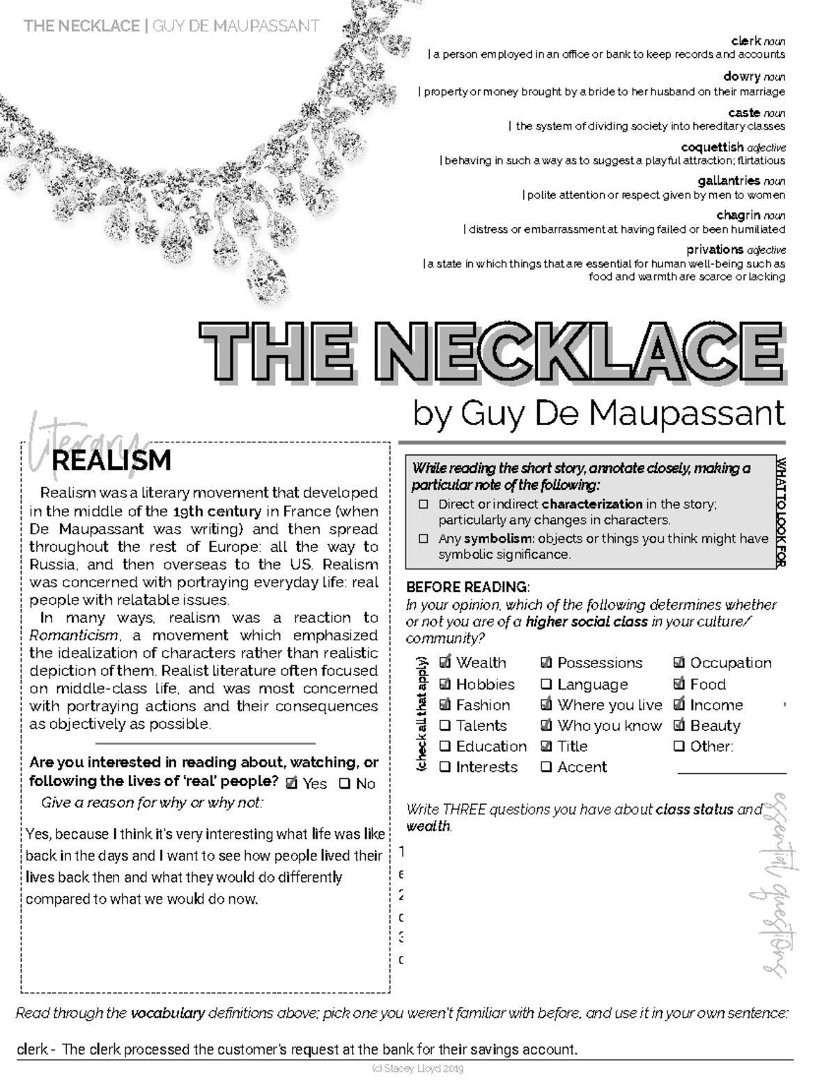 THE NECKLACE BY GUY DE MAUPASSANT: VOCAB & ANALYSIS NOTES - Studocu
