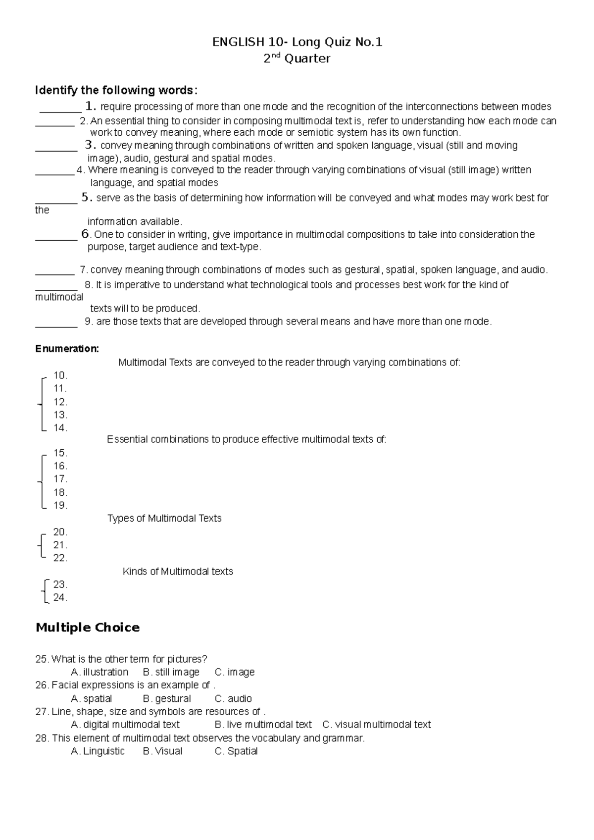 ENGLISH Q2 Long Quiz No.1: Understanding Multimodal Texts - Studocu
