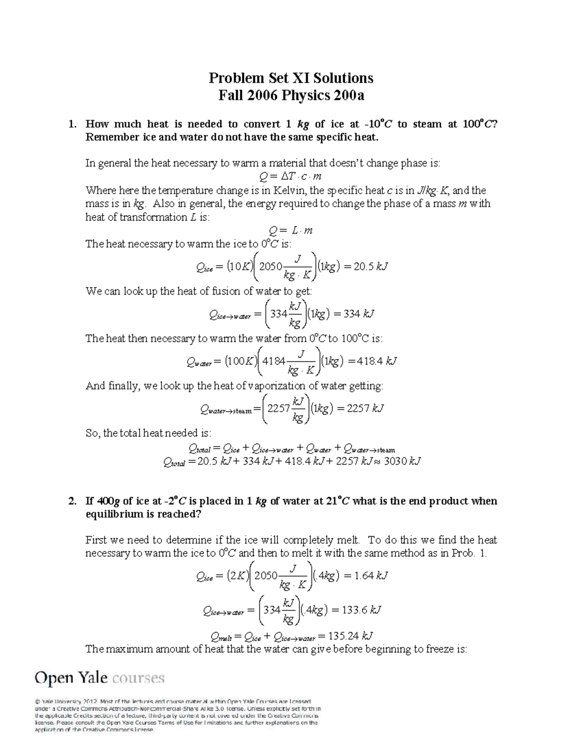 Heat Problem Set XI Solutions PHYS 200a - Studocu