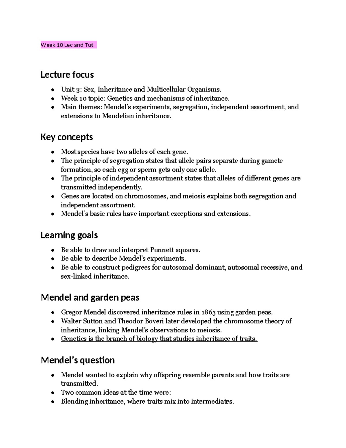 Week 10 Lec & Tut Notes: Genetics, Inheritance & Mendelian Principles ...