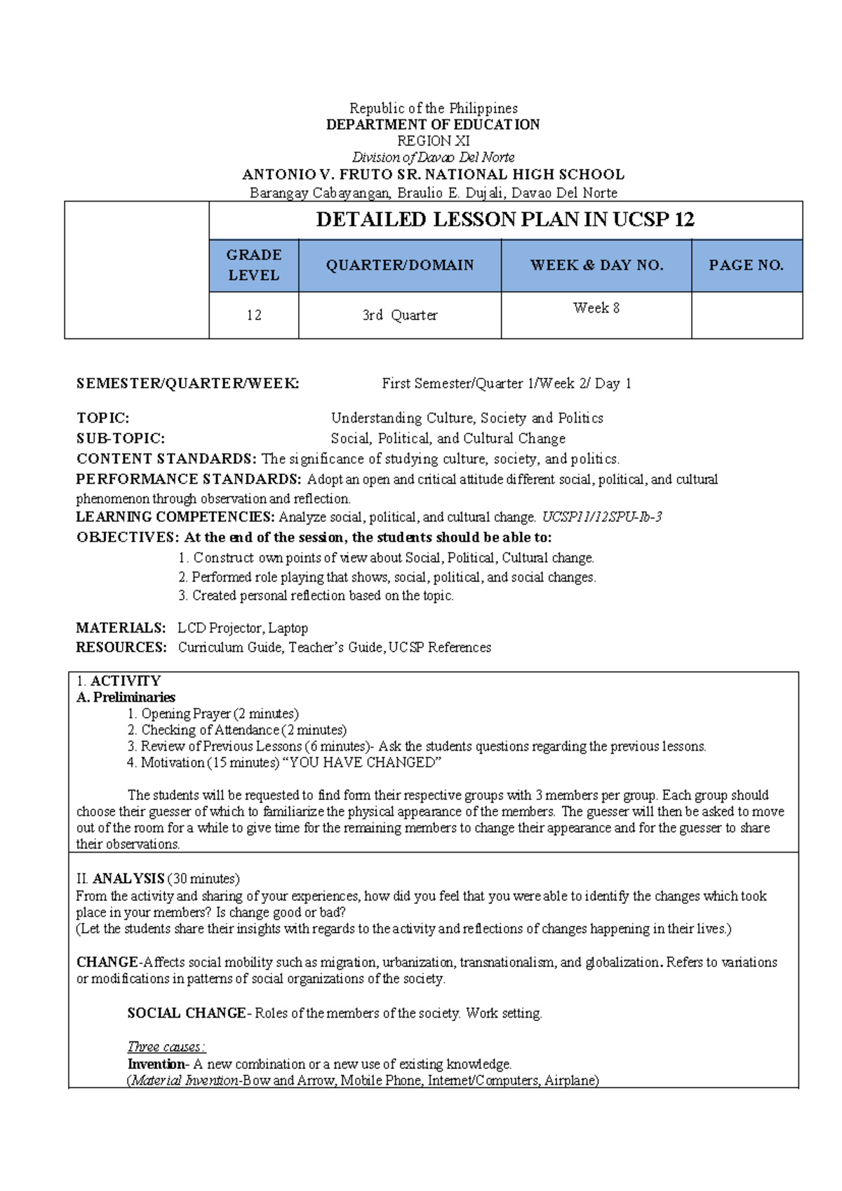 Detailed Lesson Plan: UCSP 12 - Understanding Culture, Society, and ...