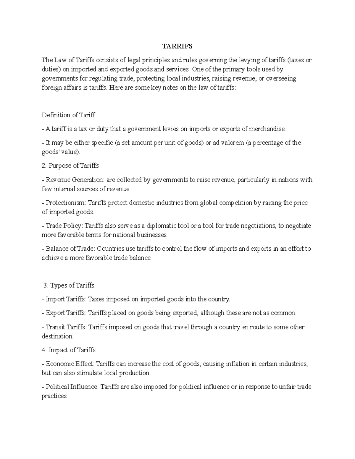 Study Notes on Tariffs: Key Principles and Impacts - Studocu