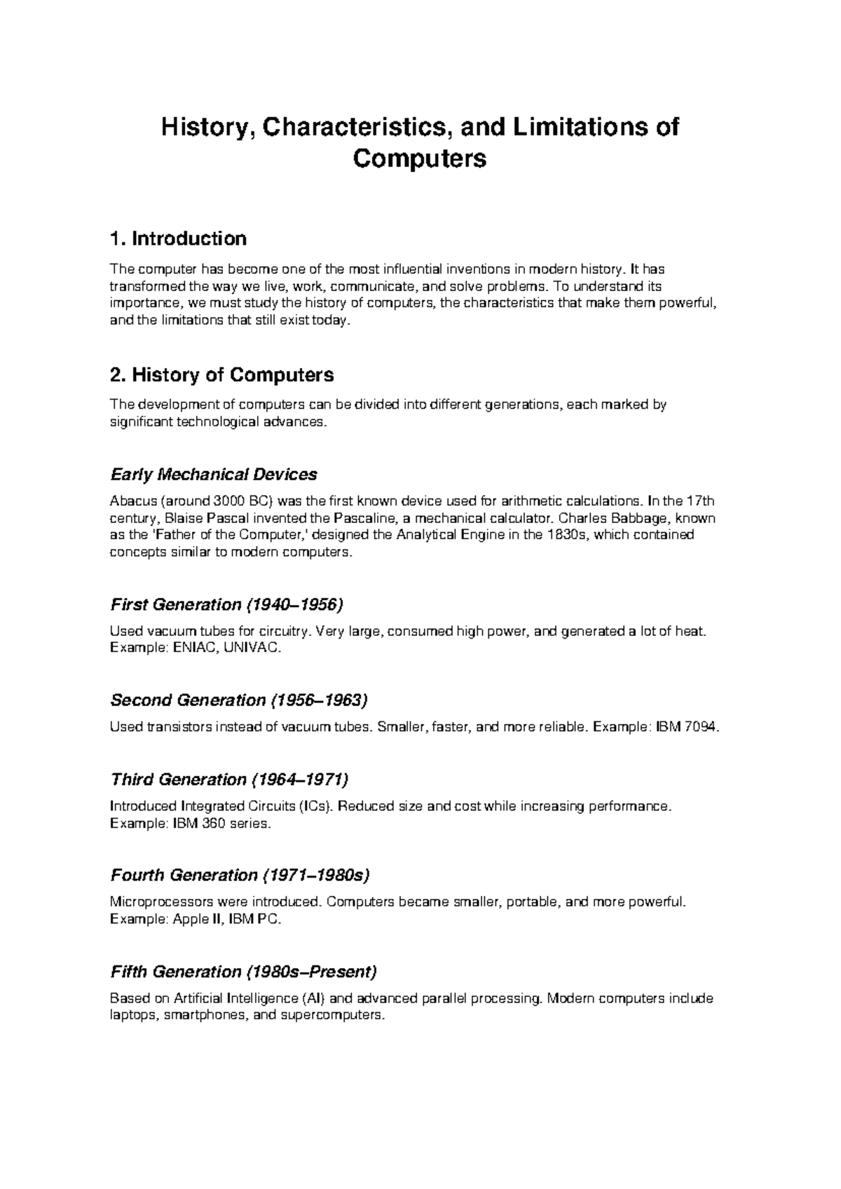 History, Characteristics & Limitations of Computers: A Structured ...