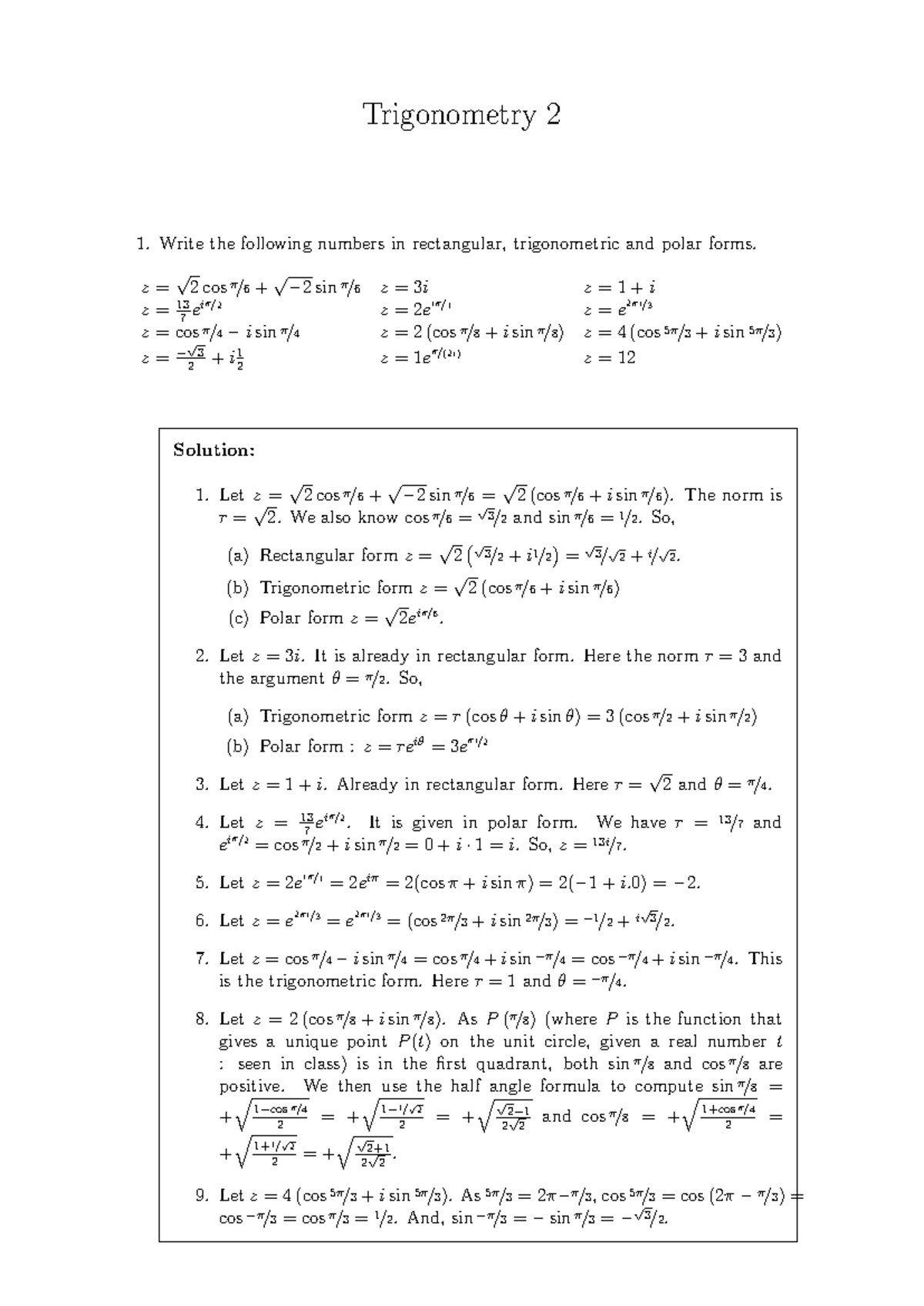 Trigonometry 2: Rectangular, Trigonometric, and Polar Forms - Studocu