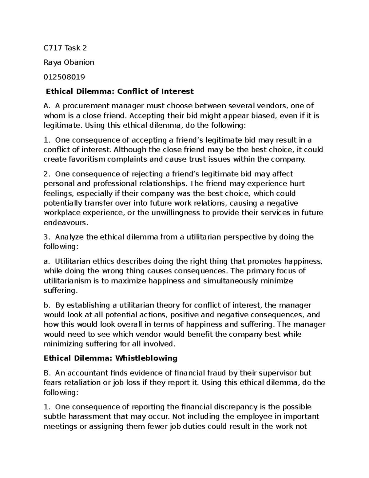 C717 Task 2 - Ethical Dilemmas in Business Ethics Analysis - Studocu