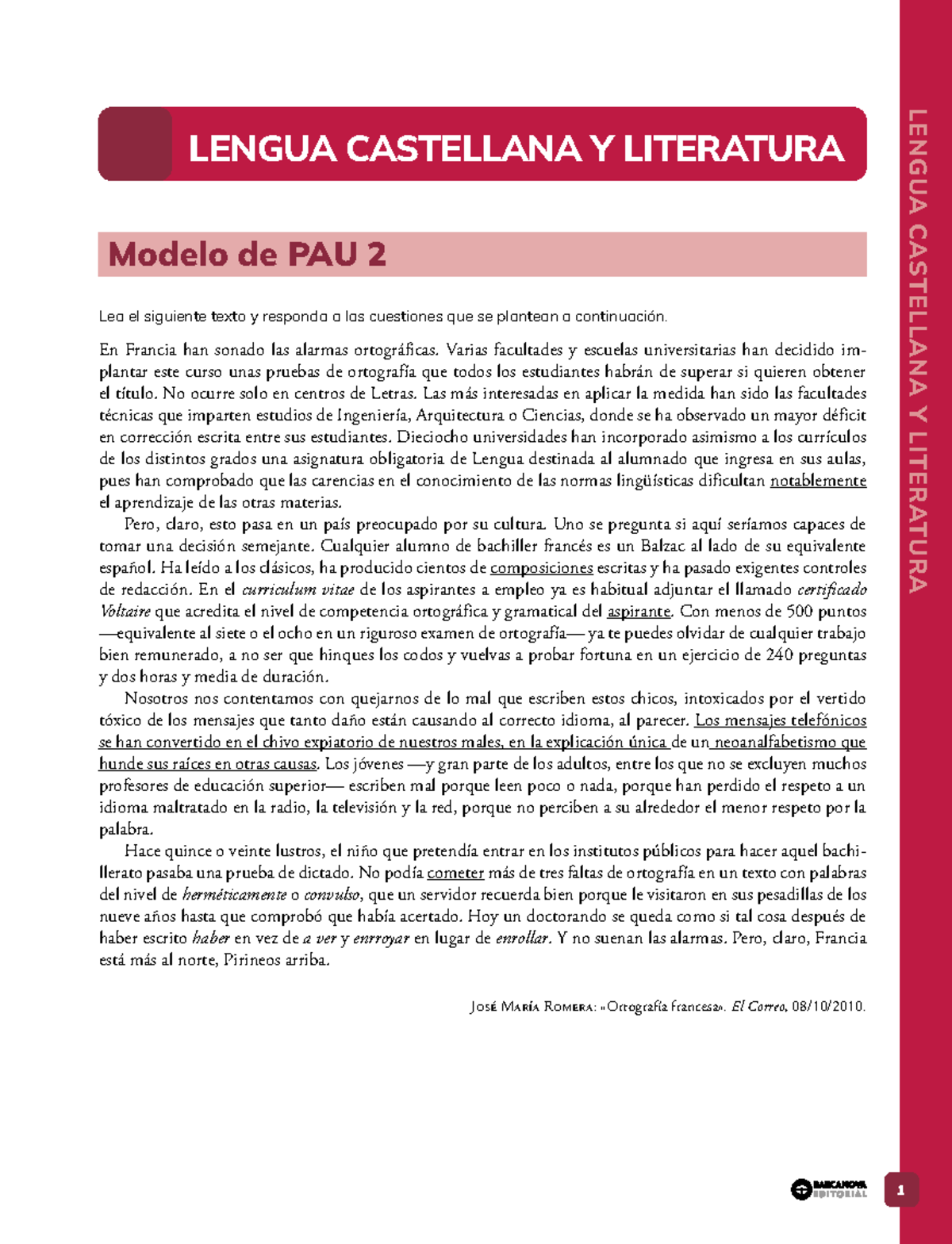 Modelo de PAU 2: Examen de Lengua Castellana y Literatura - Studocu