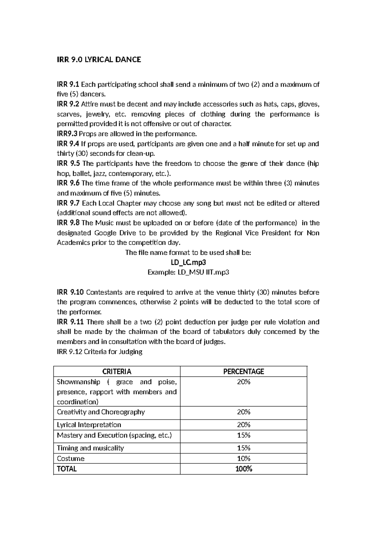 ARC - Lyrical Dance Event IRR Guidelines and Judging Criteria - Studocu