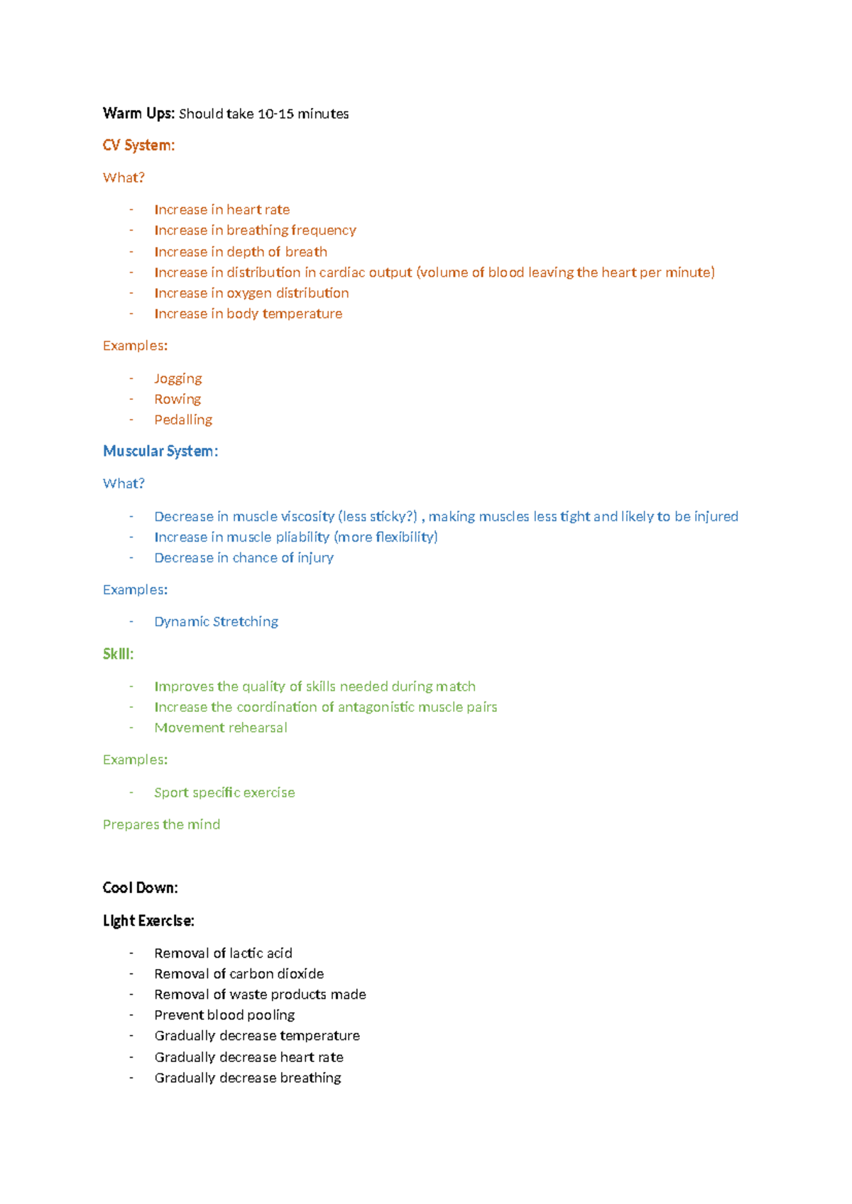 GCSE PE Notes: Warm Ups, CV & Muscular System Benefits and Cool Down ...