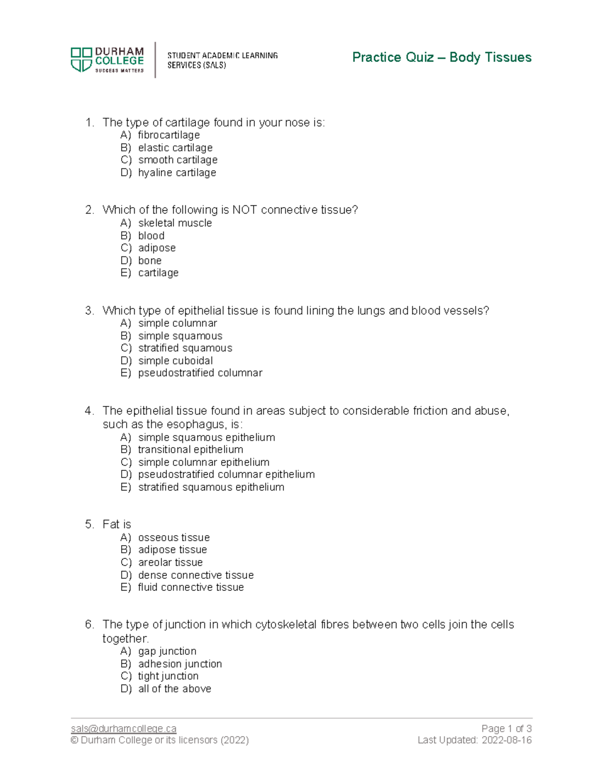 Body tissue Quiz - Testbank - Practice Quiz – Body Tissues sals ...