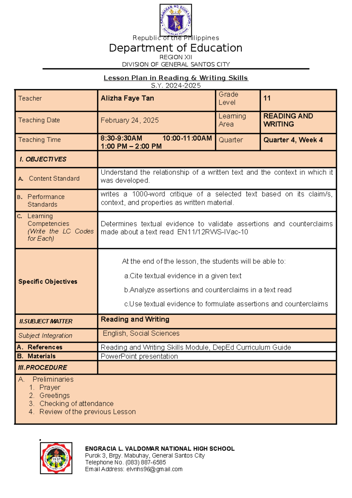 Textual Evidence & Analysis - Lesson Plan EN11/12RWS-IVac - Studocu
