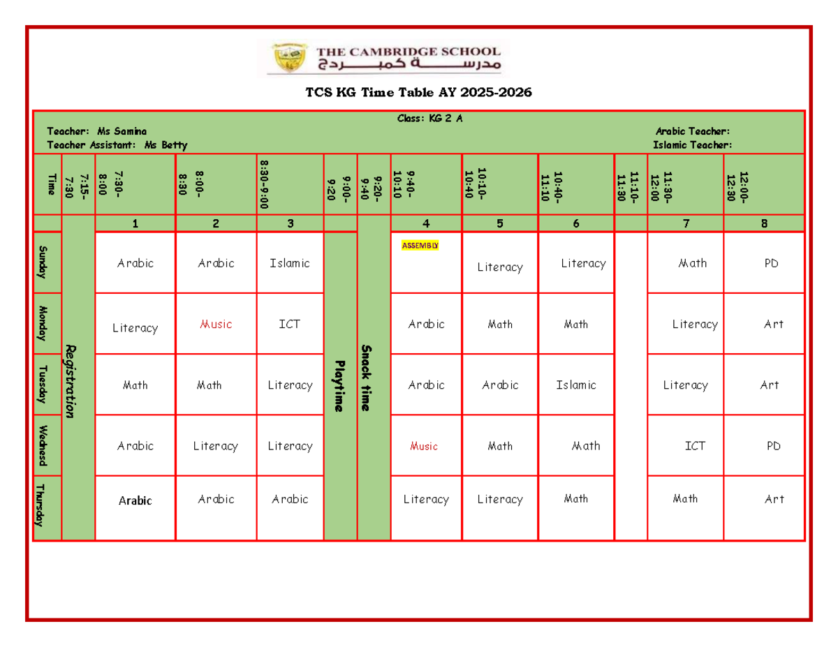 TCS KG Time Table AY 2025: Classes KG 2 A, B, C, D - Studocu