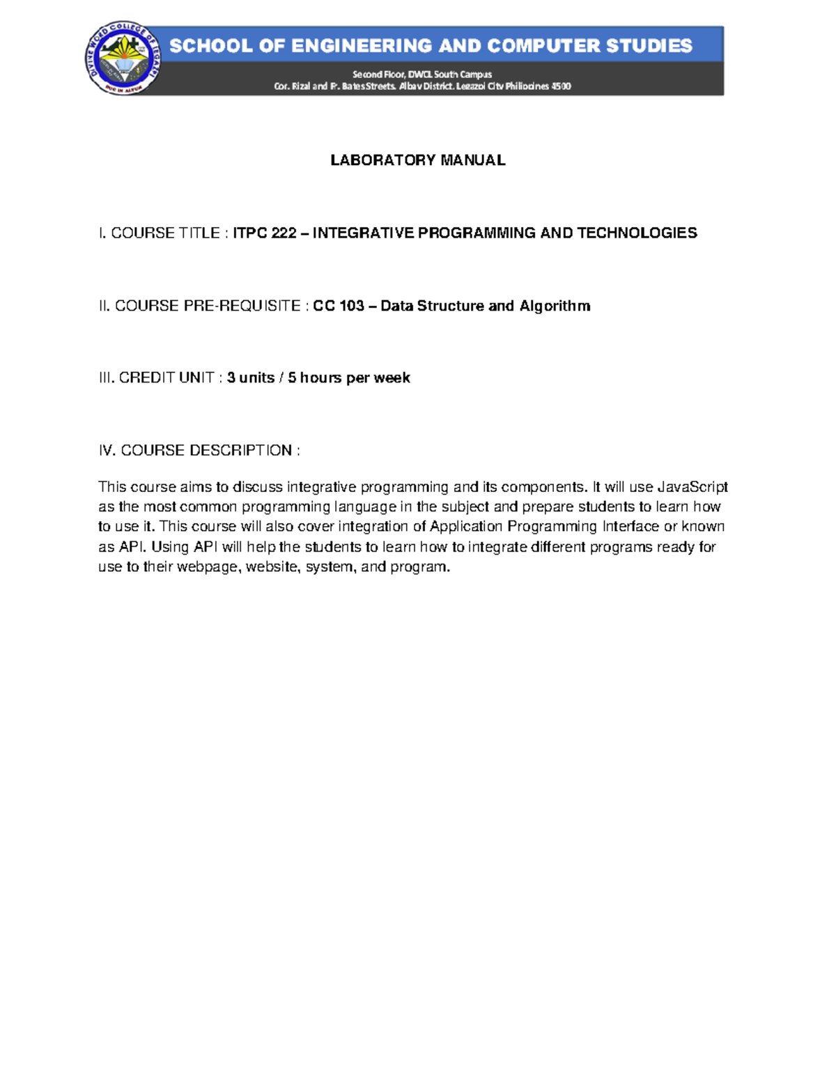 Laboratory Manual - IT PC 222 - LABORATORY MANUAL I. COURSE TITLE ...