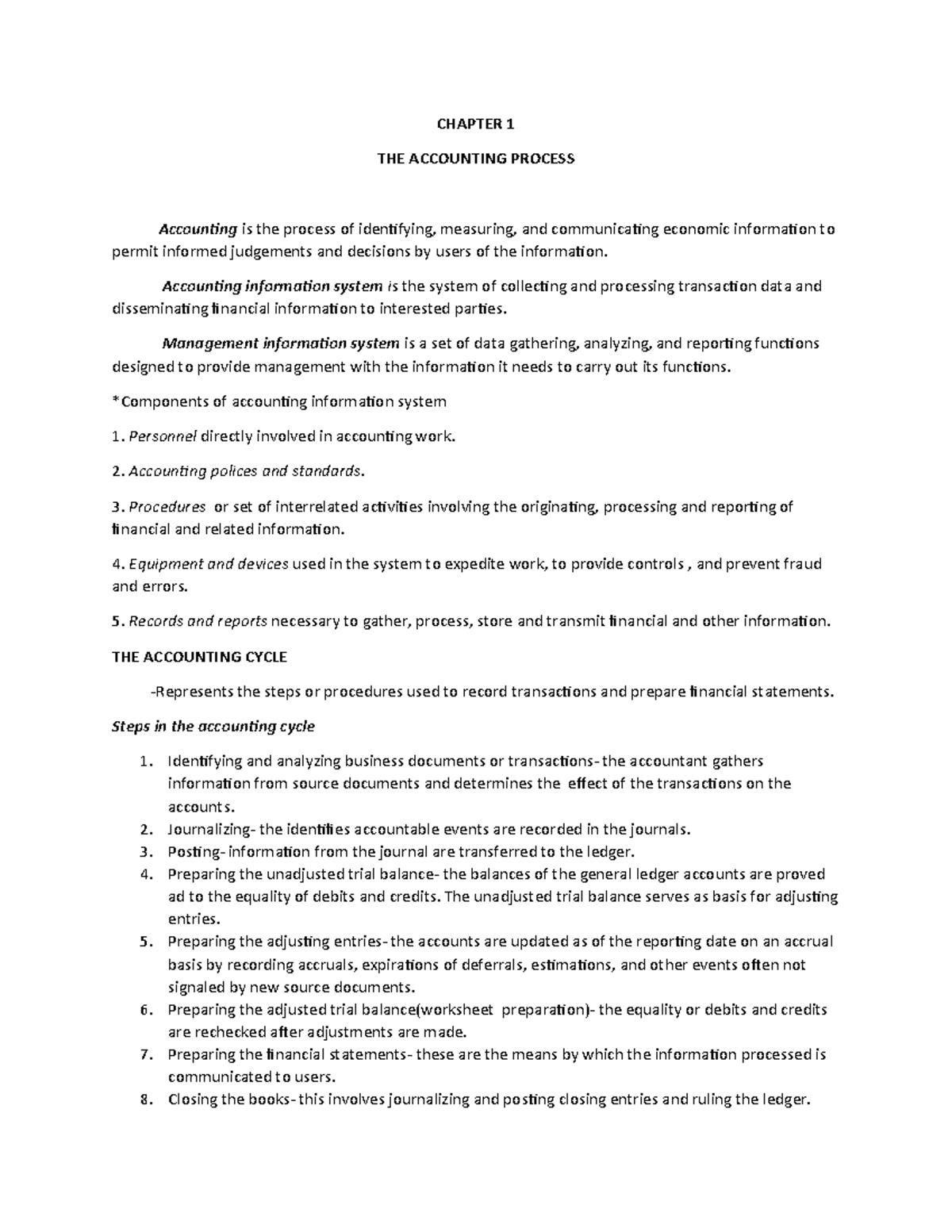 CHAPTER 1: THE ACCOUNTING PROCESS - Key Concepts and Cycle Overview ...