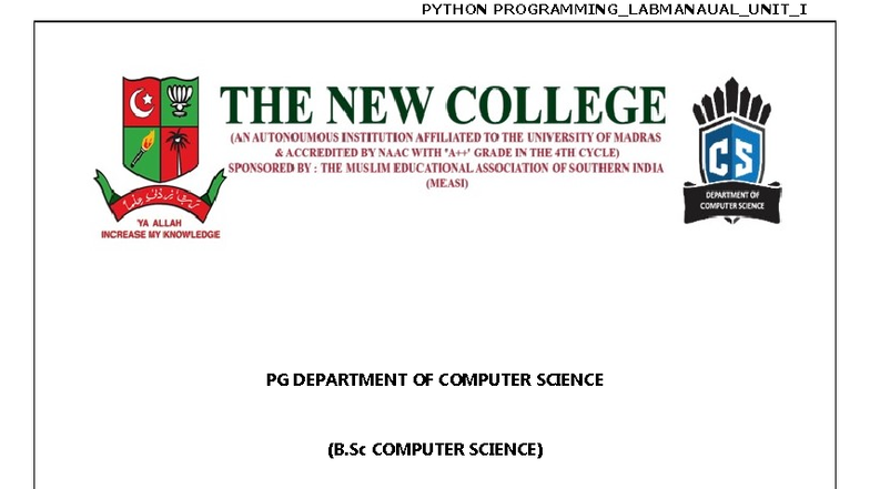 Python Programming Lab Manual Unit I - B.Sc Computer Science - Studocu