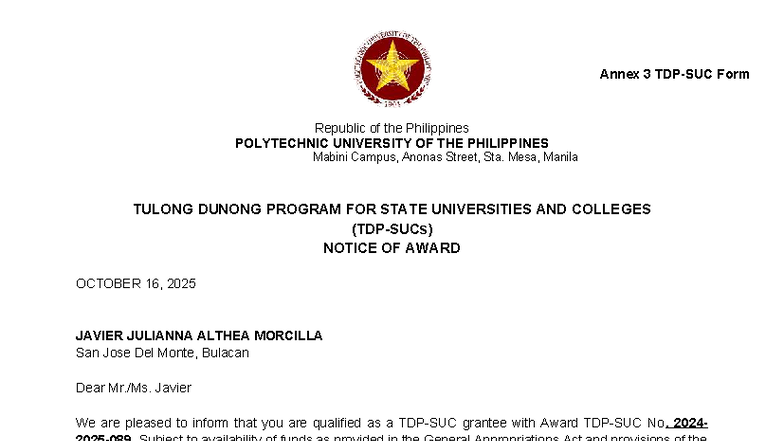 Notice of Award for Tulong Dunong Program 2024-2025 - Studocu