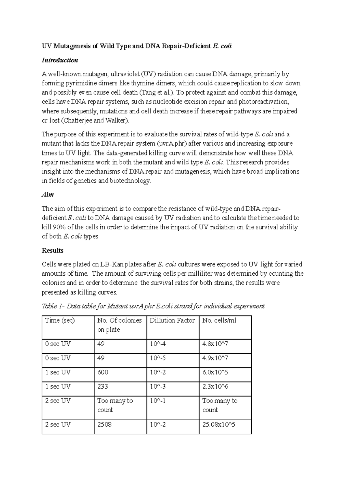 2161 Lab 1 - 2161 lab report for lab 1 - UV Mutagenesis of Wild Type ...