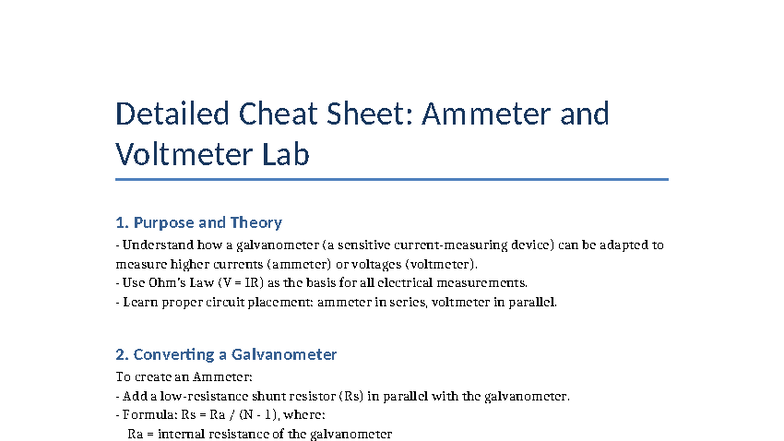 Ammeter & Voltmeter Lab Cheat Sheet: Theory & Practice - Studocu