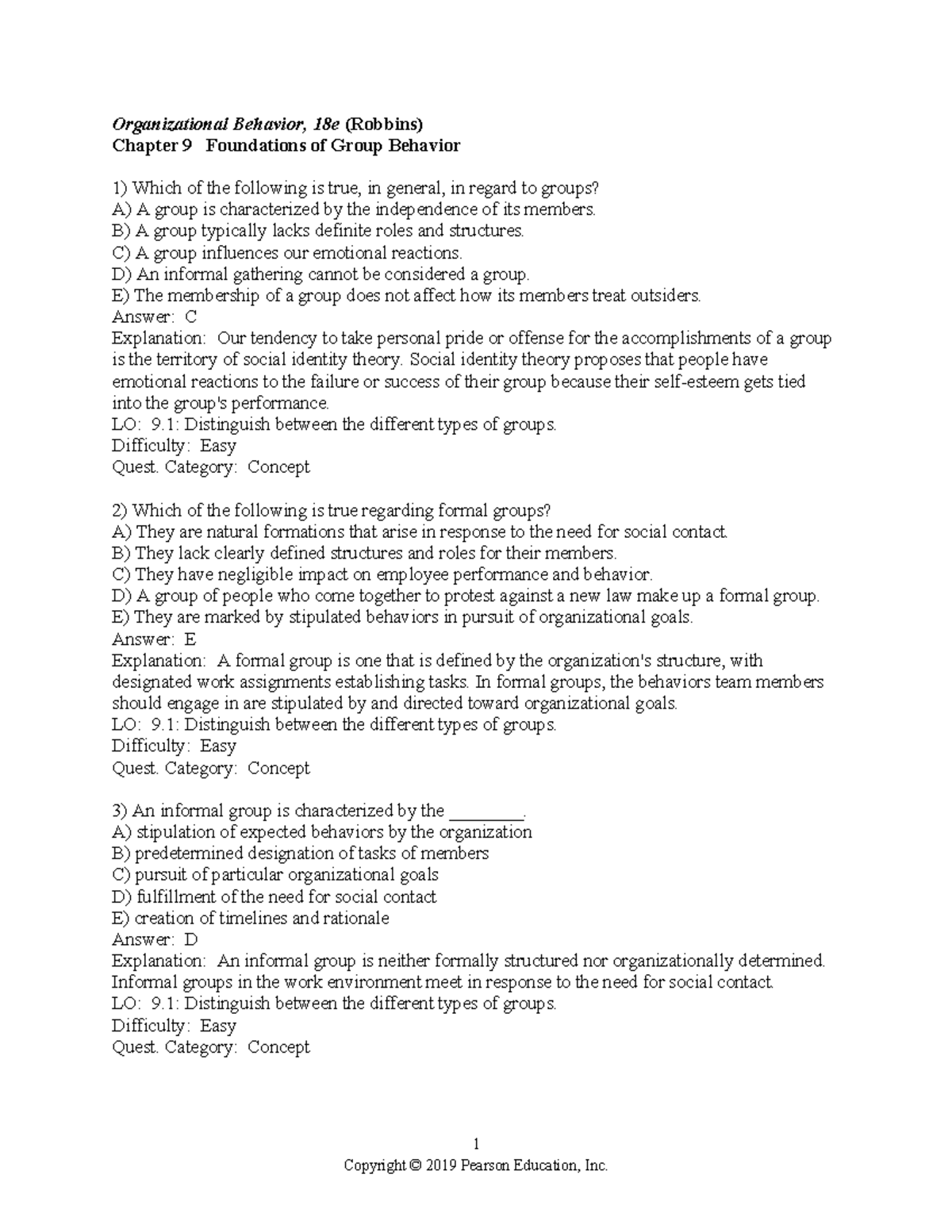 Chapter 9 - Foundations of Group Behavior Test Bank (Organizational ...