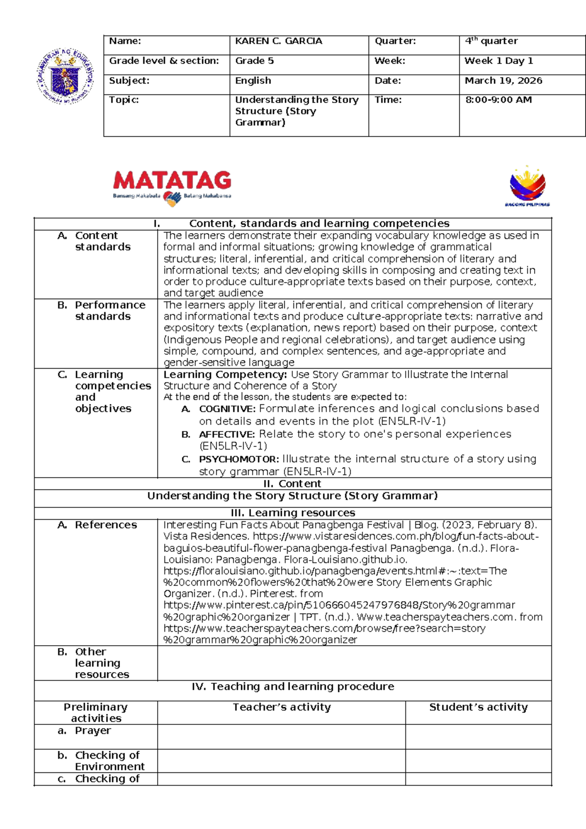 Story Grammar Lesson Plan (Grade 5, Q4, Week 1) - Studocu