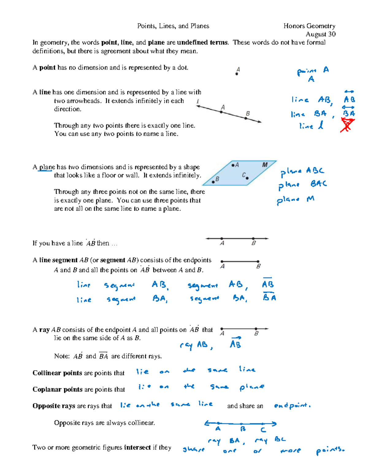 1a 08-30 - points, lines, and planes - Points, Lines, and Planes Honors ...