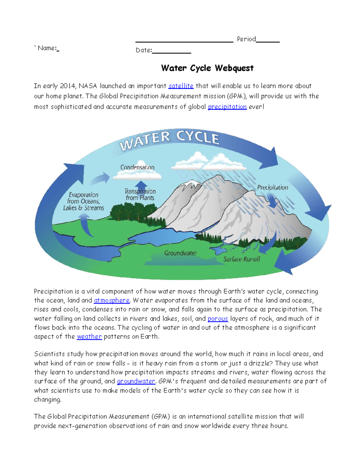 Water Cycle WebQuest - `Name: Date: Period Water Cycle Webquest In ...