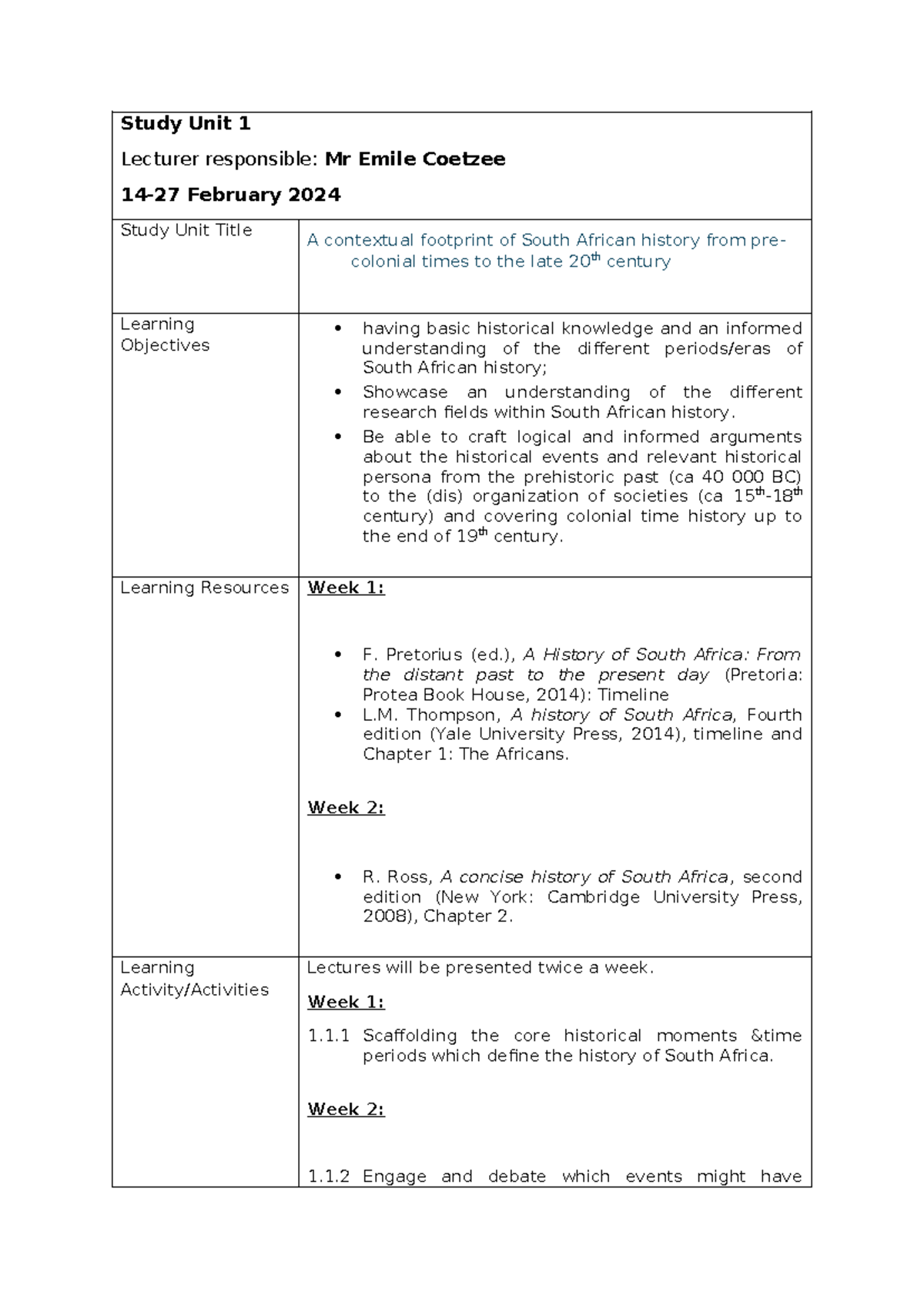 HIST112 Lecture Plan: South African History Overview & Methodology ...