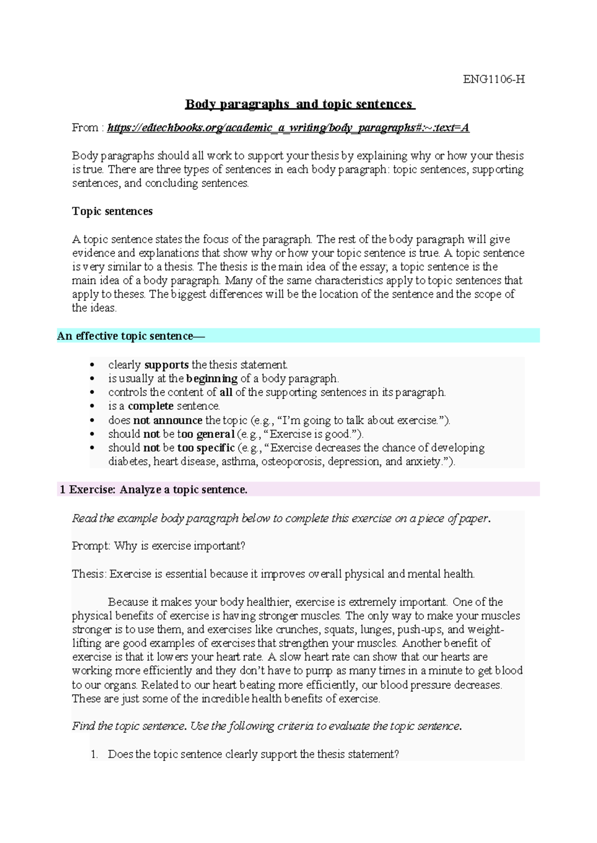 Body Paragraphs and Topic Sentences - ENG1106-H Essay Writing - Studocu