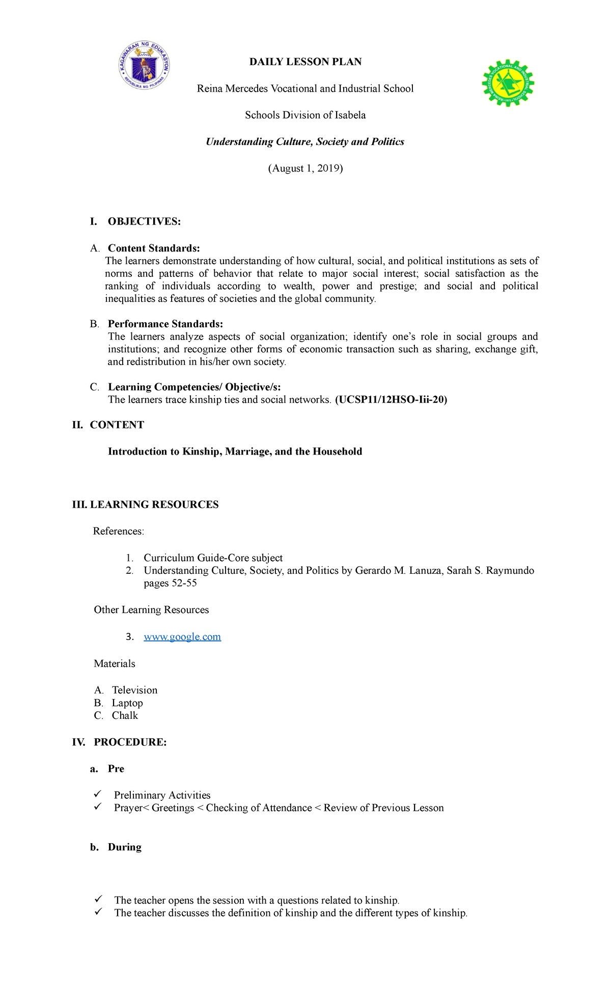 Daily Lesson Plan on Family & Kinship Structures (UCSP11/HSO-IIj-22 ...