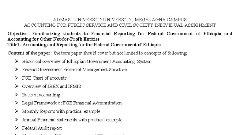 ADMAS 101: Accounting & Reporting for Federal Gov't in Ethiopia - Studocu