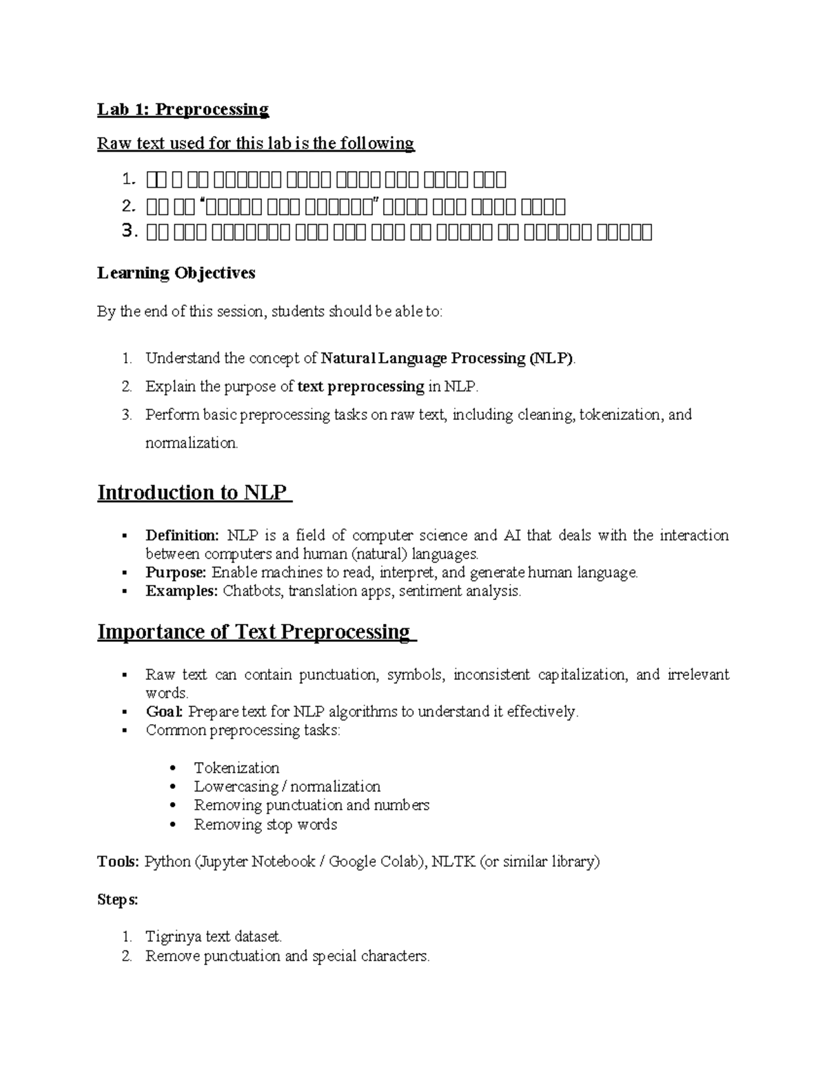 NLP 101: Lab 1 - Preprocessing Tigrinya Text for Analysis - Studocu