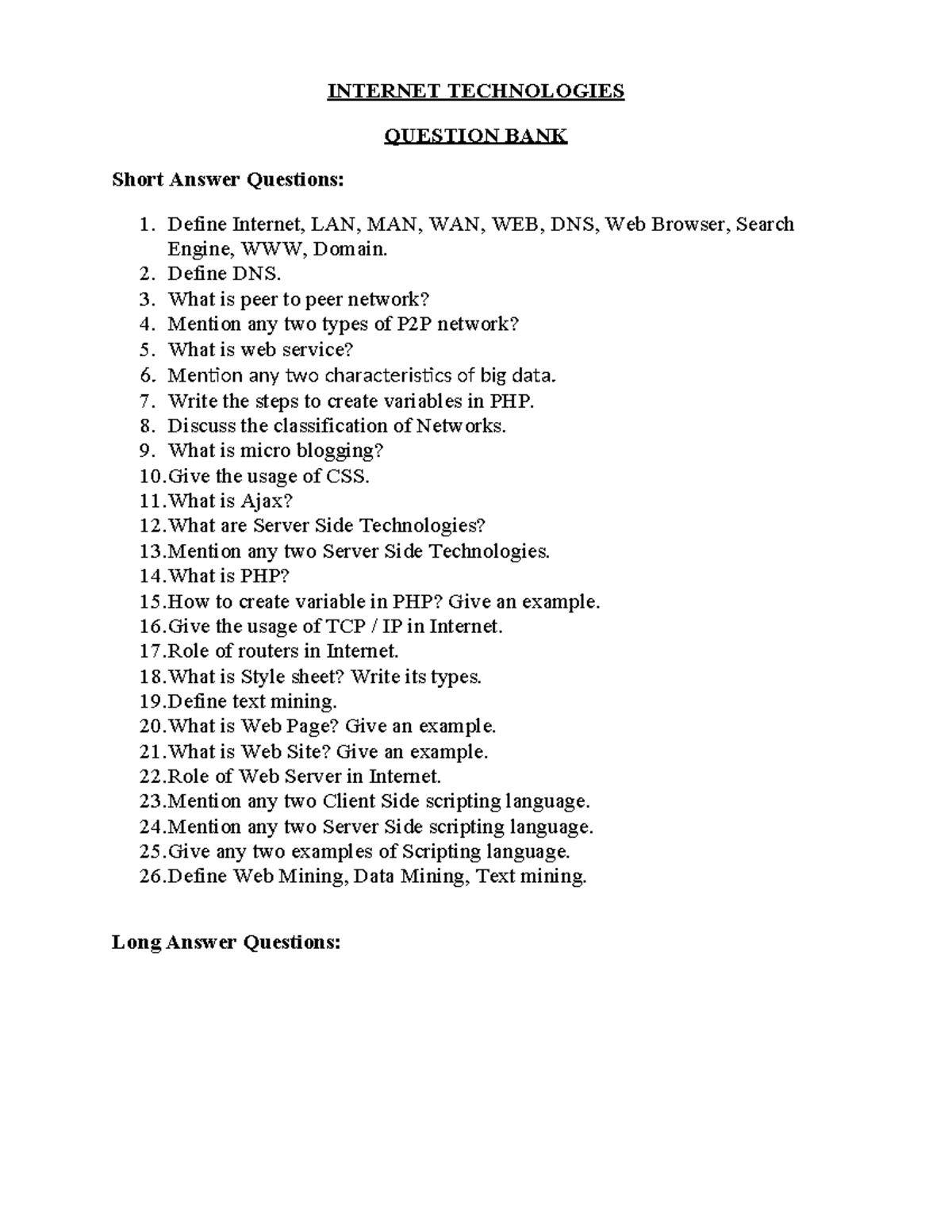 INTERNET TECHNOLOGIES Model Paper BCA 4th Sem: Q&A Guide - Studocu